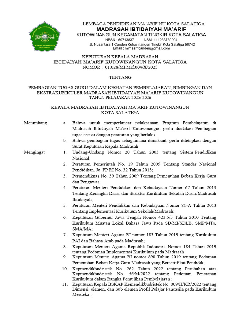 SK PEMBAGIAN TUGAS GURU MI MA`ARIF KUTOWINANGUN TAHUN 2025-2026 | PDF