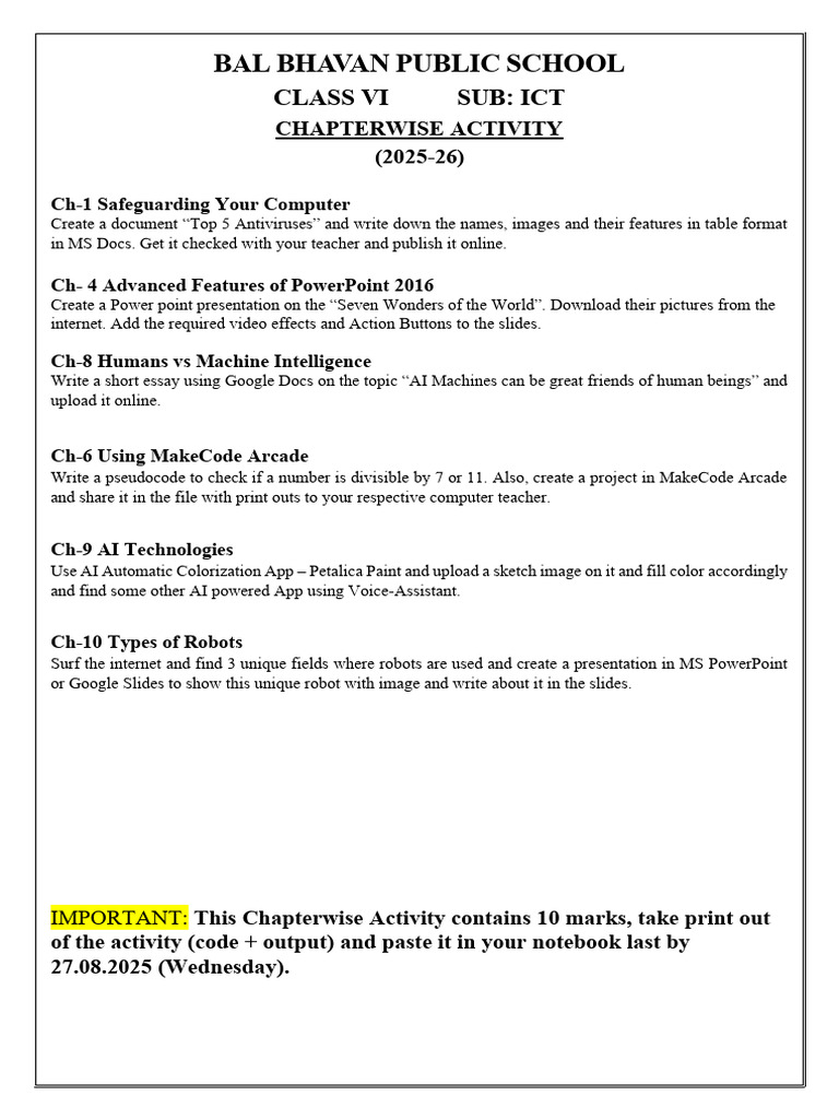 Class VI ICT Chapterwise Activities 2025-26 | PDF