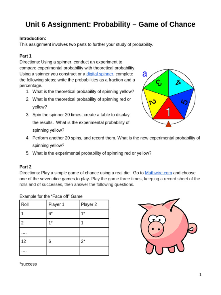 Probability Assignment: Spinner & Dice Games | PDF | Probability ...
