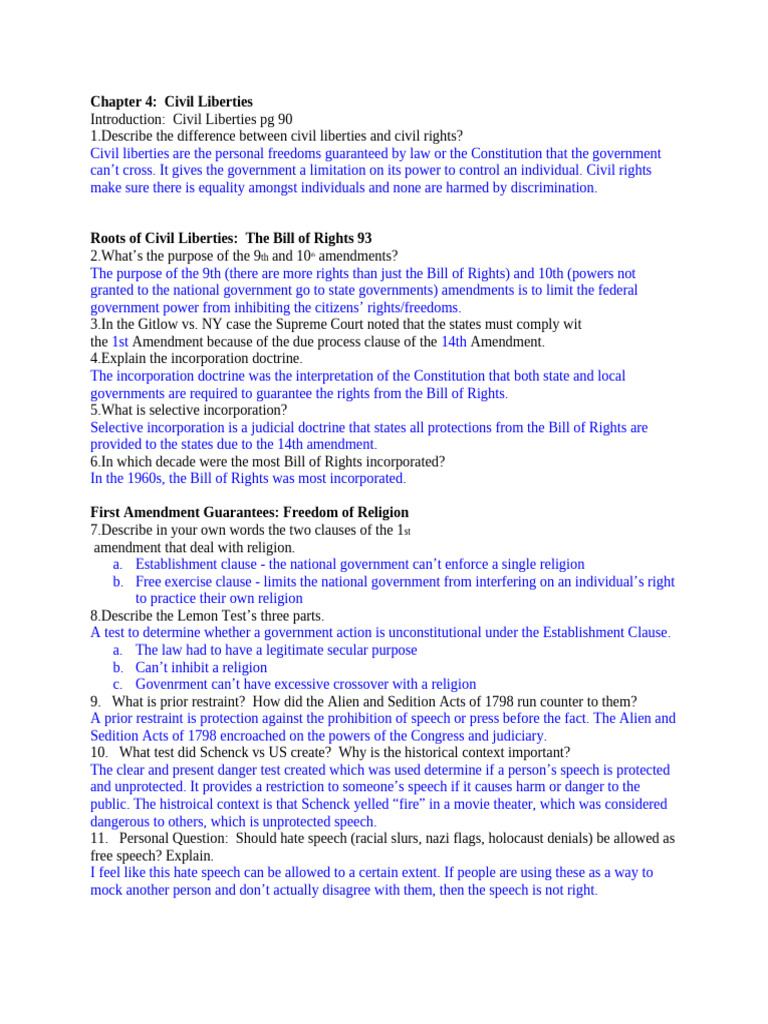 AH - Civil Rights and Civil Liberties Reading Questions 2025 | PDF ...