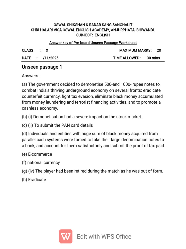 Grade 10 Answer Key of Pre-board Unseen Passage Worksheet | PDF