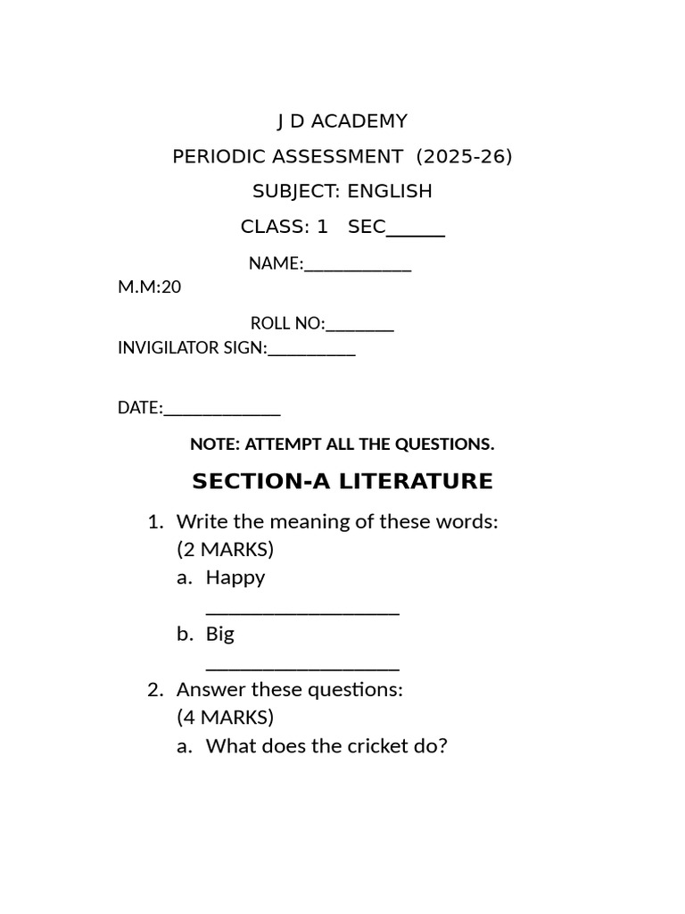 Class 1 English Periodic Assessment 2025-26 | PDF