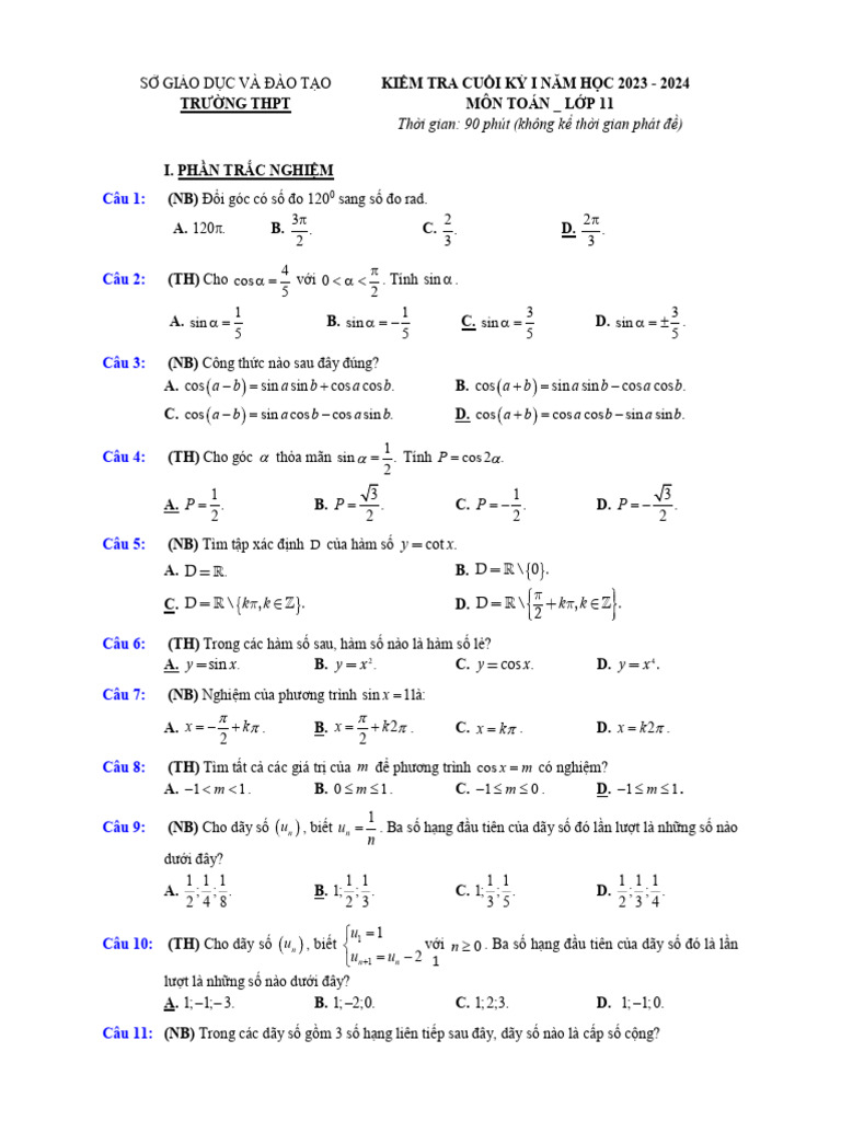 N10. 05 de Tham Khao Kiem Tra Cuoi Hoc Ki 1 Toan 11 Knttvcs. Đề Số 2 | PDF