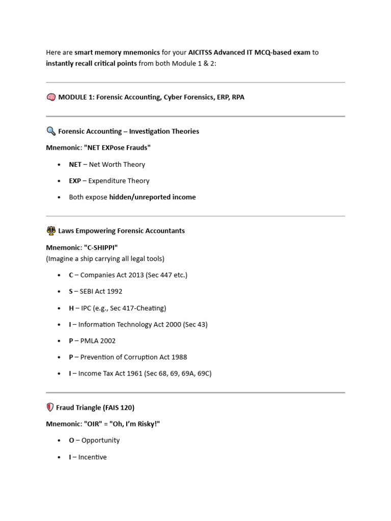 AICITSS Exam Mnemonics Cheat Sheet | PDF | Computing | Information Science