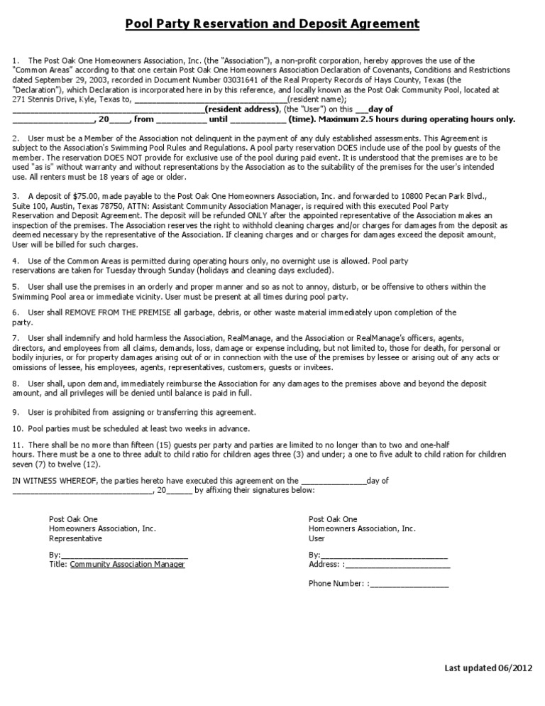 Pool Party Reservation Form | PDF | Indemnity | Common Law