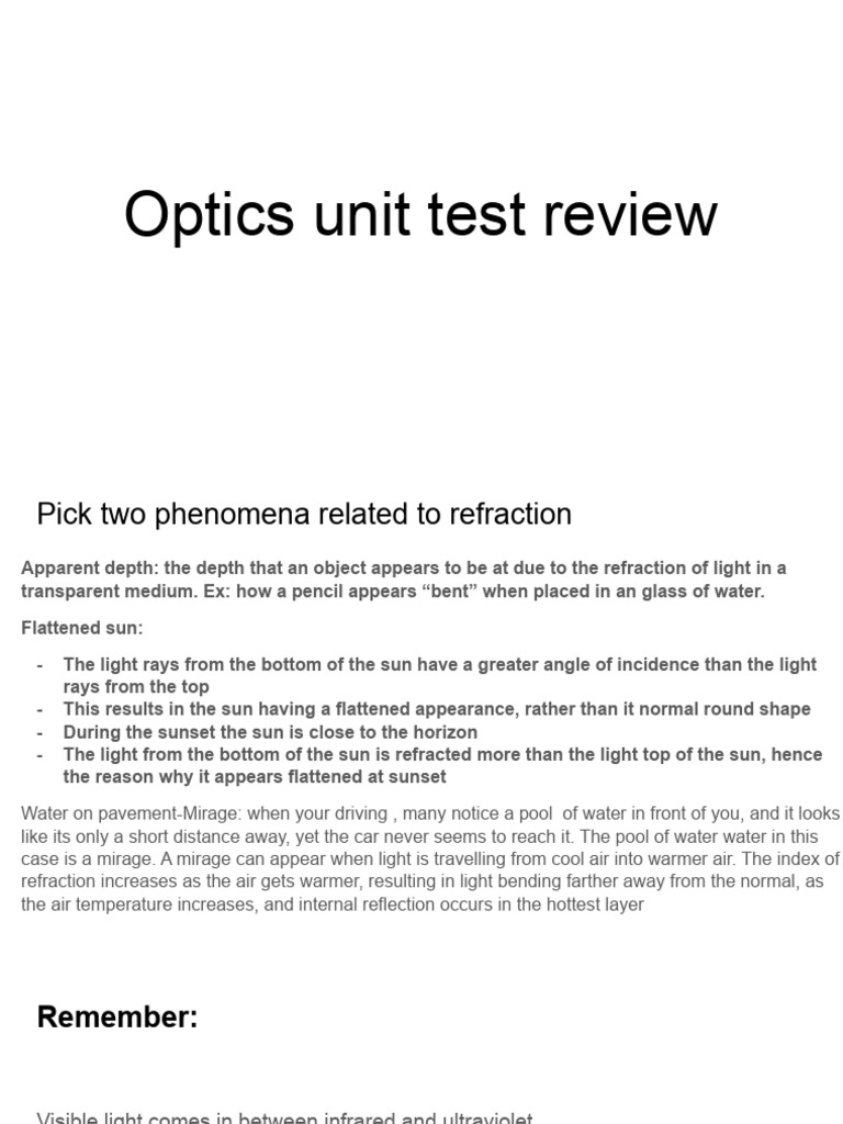 Optics Unit Test Review | PDF | Light | Refraction