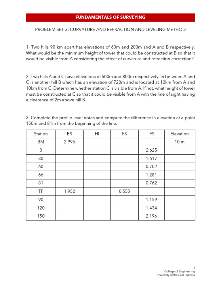 Surveying Problem Set: Curvature & Leveling | PDF | Mathematics