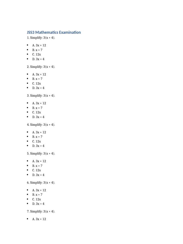 JSS3 Math Exam: Simplification Questions | PDF
