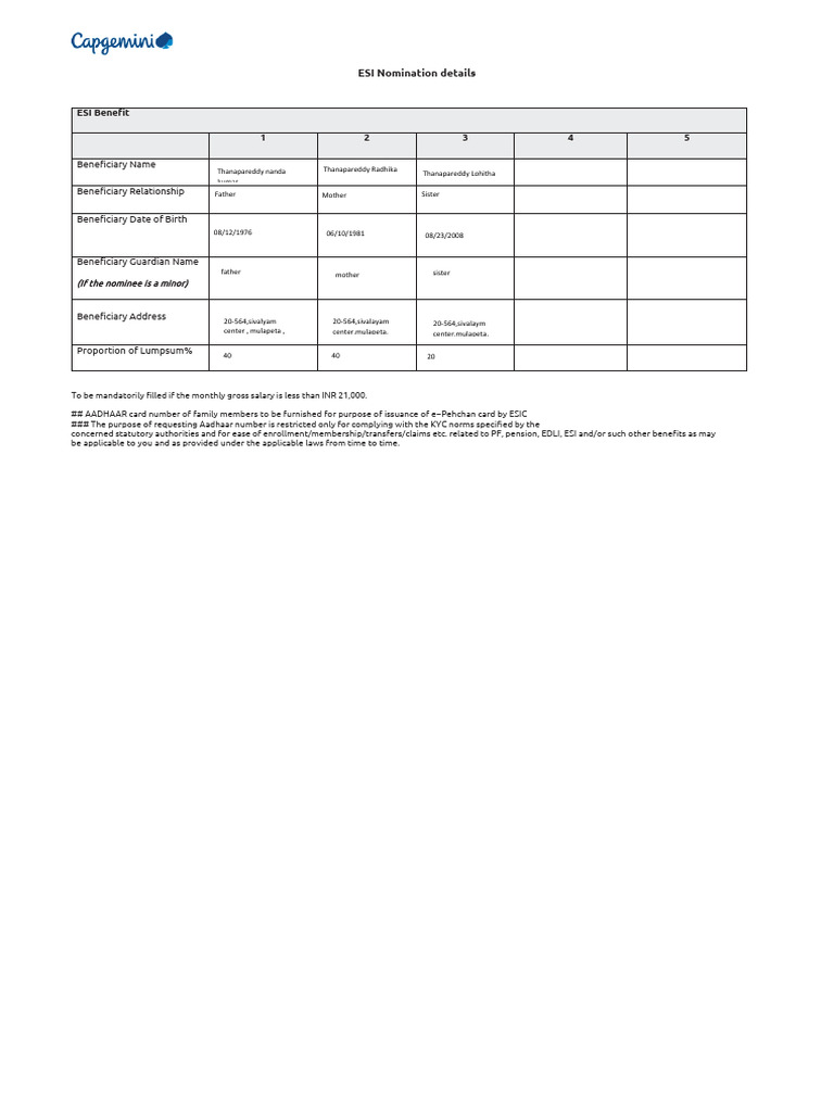 ESI Nomination and Beneficiary Details | PDF