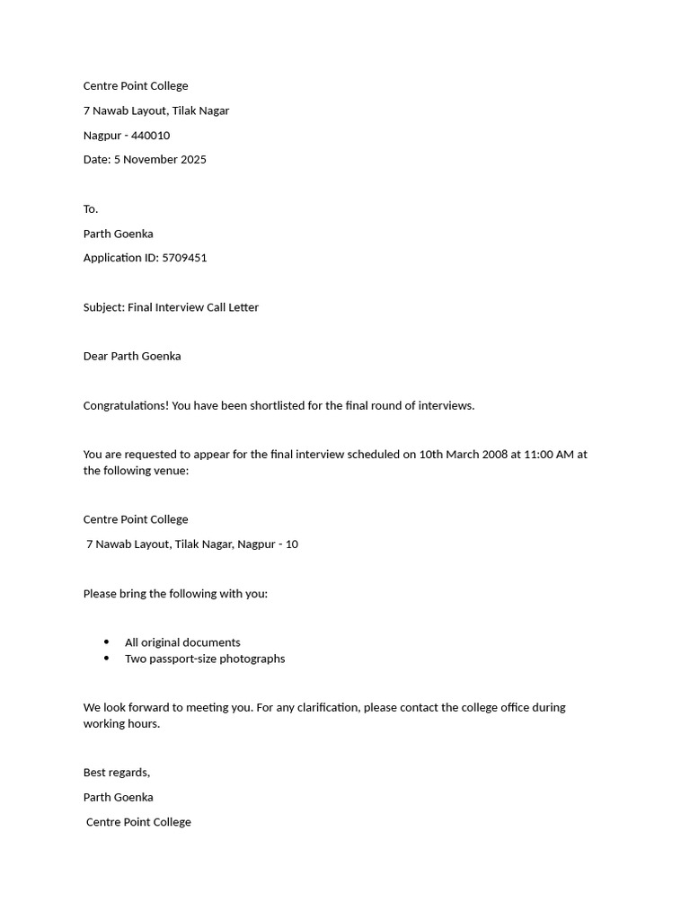 Final Interview Call Letter - Centre Point College | PDF