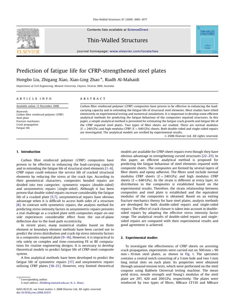 Prediction of Fatigue Life for CFRP-strengthened Steel Plates | PDF ...