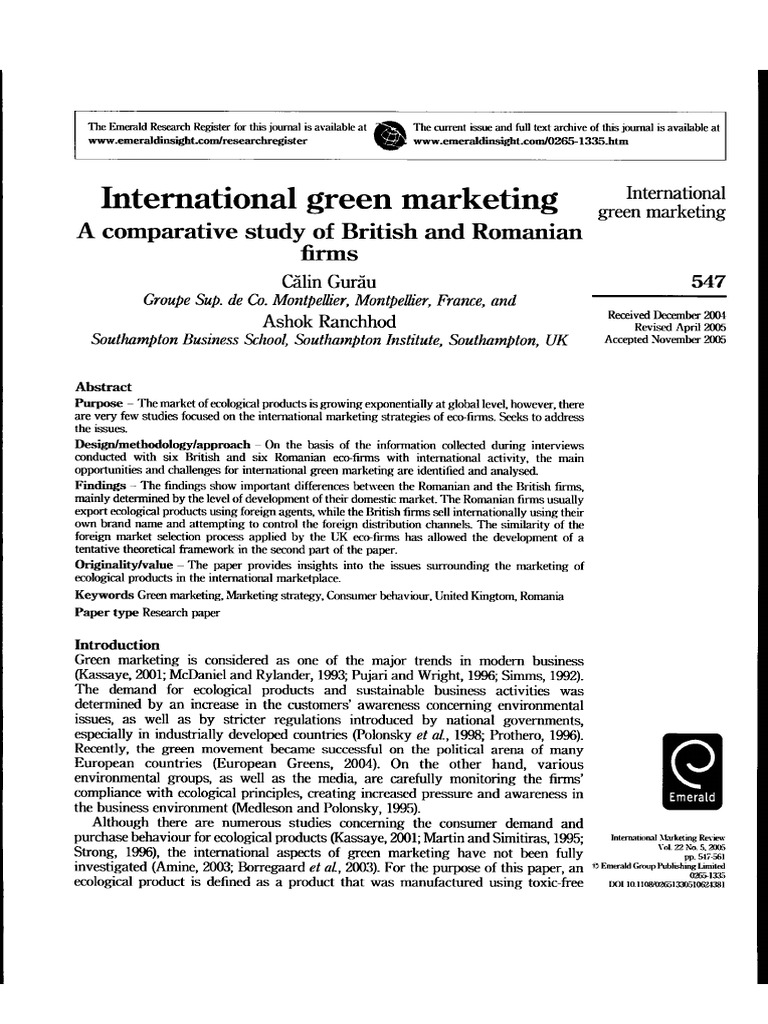 Gurau and Ranchhod (2005) International Green Marketing | PDF