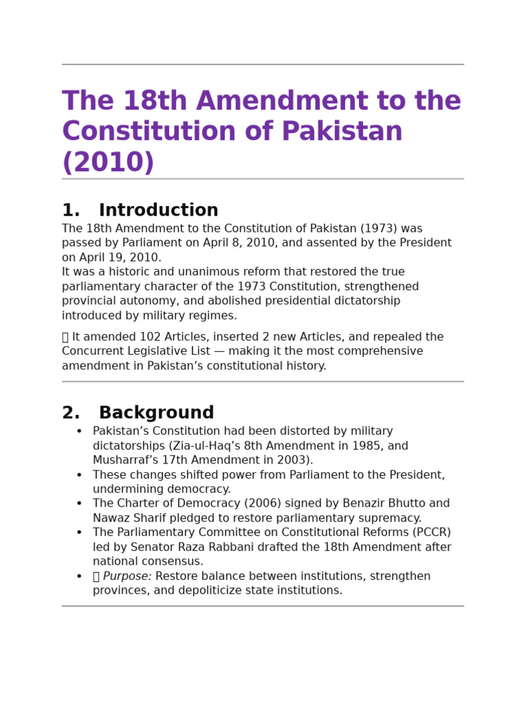 Overview of Pakistan's 18th Amendment | PDF | Parliament Of Pakistan ...