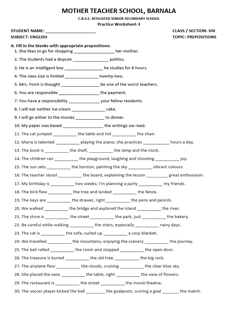 Prepositions Practice Worksheet for Grade 8 | PDF