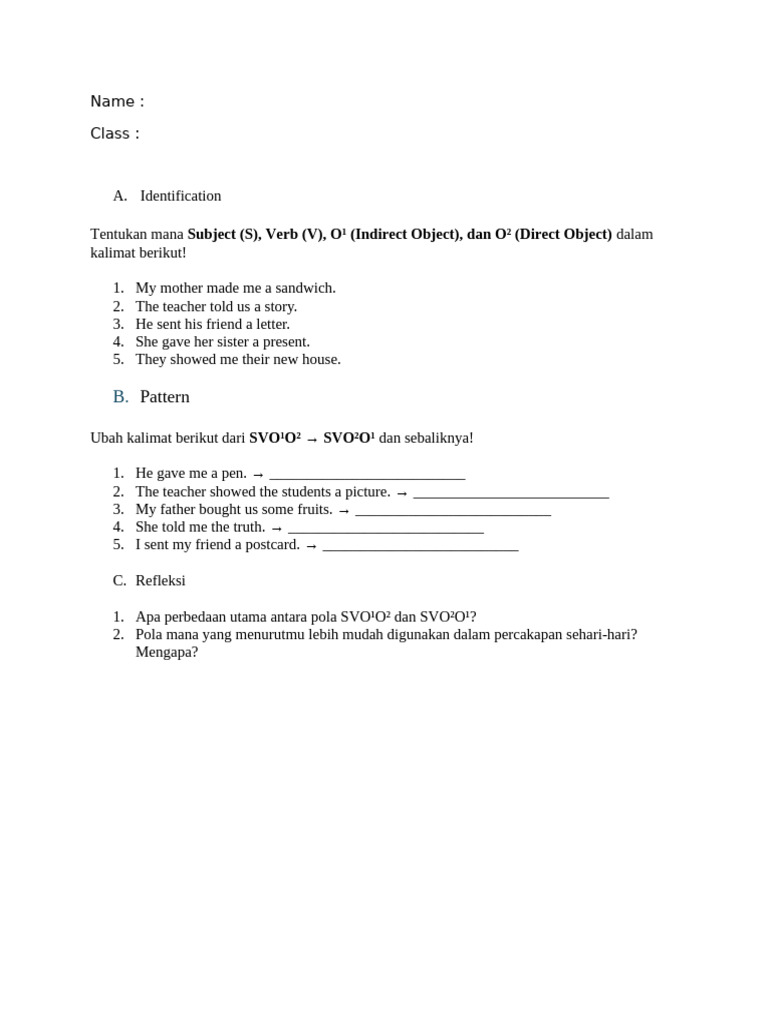 Subject-Verb-Object Sentence Patterns | PDF