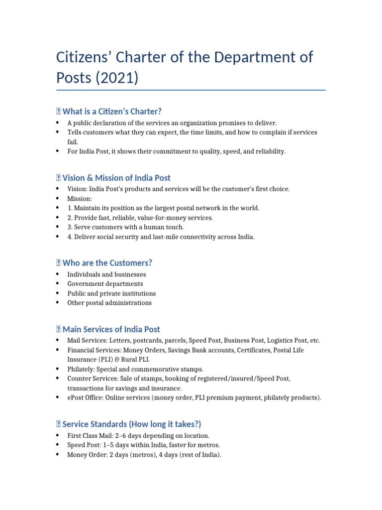 India Post Citizens' Charter 2021 Guide | PDF | Mail | Philately