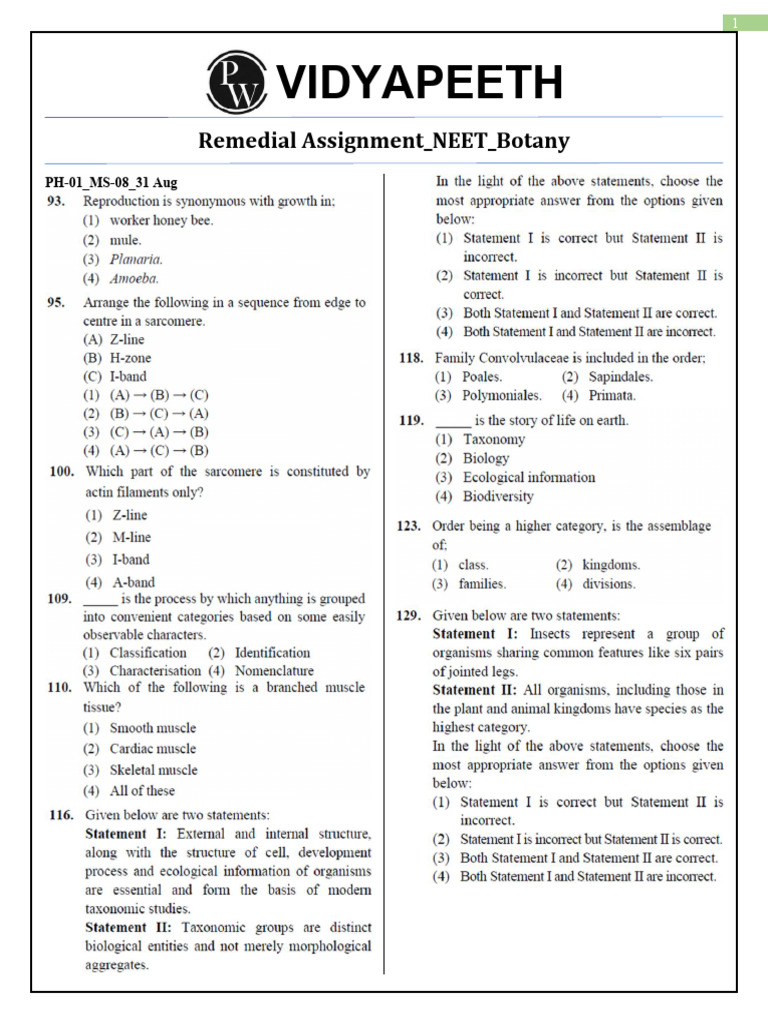 Remedial Assignment NEET Botany | PDF