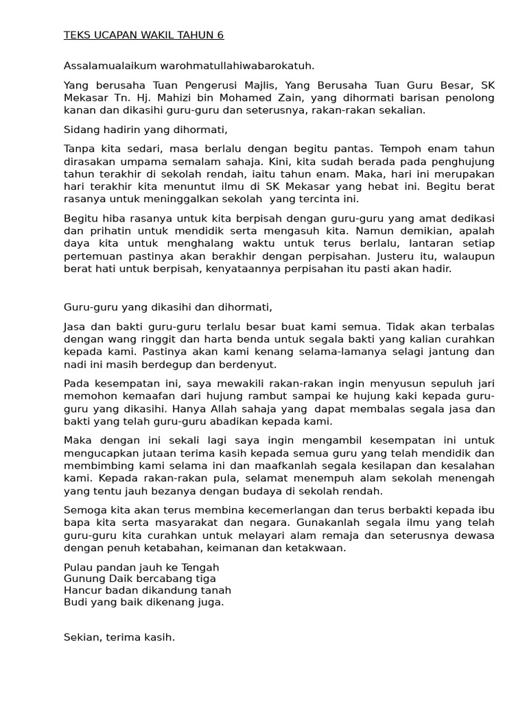 Ucapan Perpisahan Tahun 6 SK Mekasar | PDF