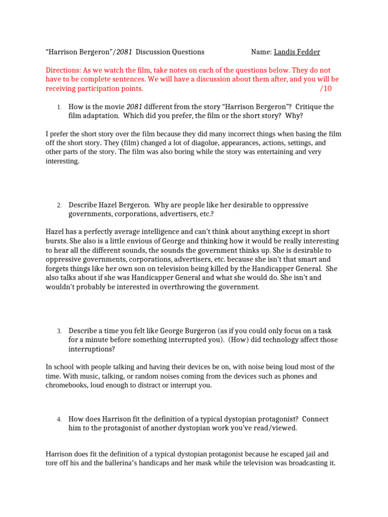 "Harrison Bergeron Film vs. Story Analysis" | PDF