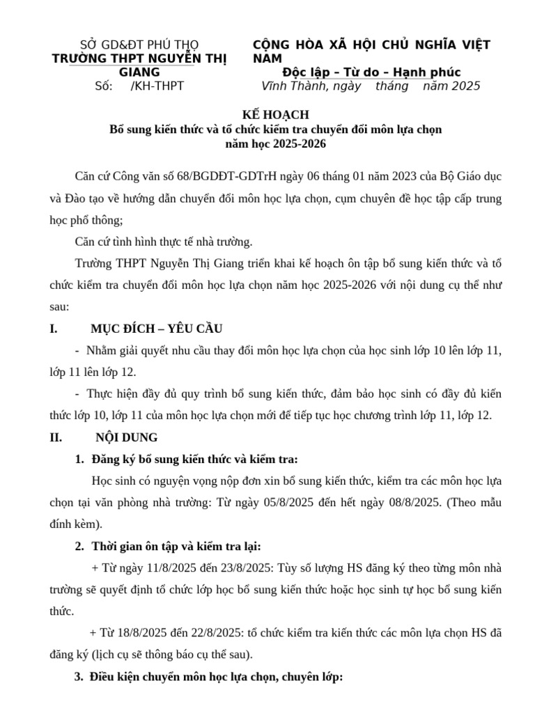 Ke Hoach Bo Sung Kien Thuc, Chuyen Lop 254-26 | PDF