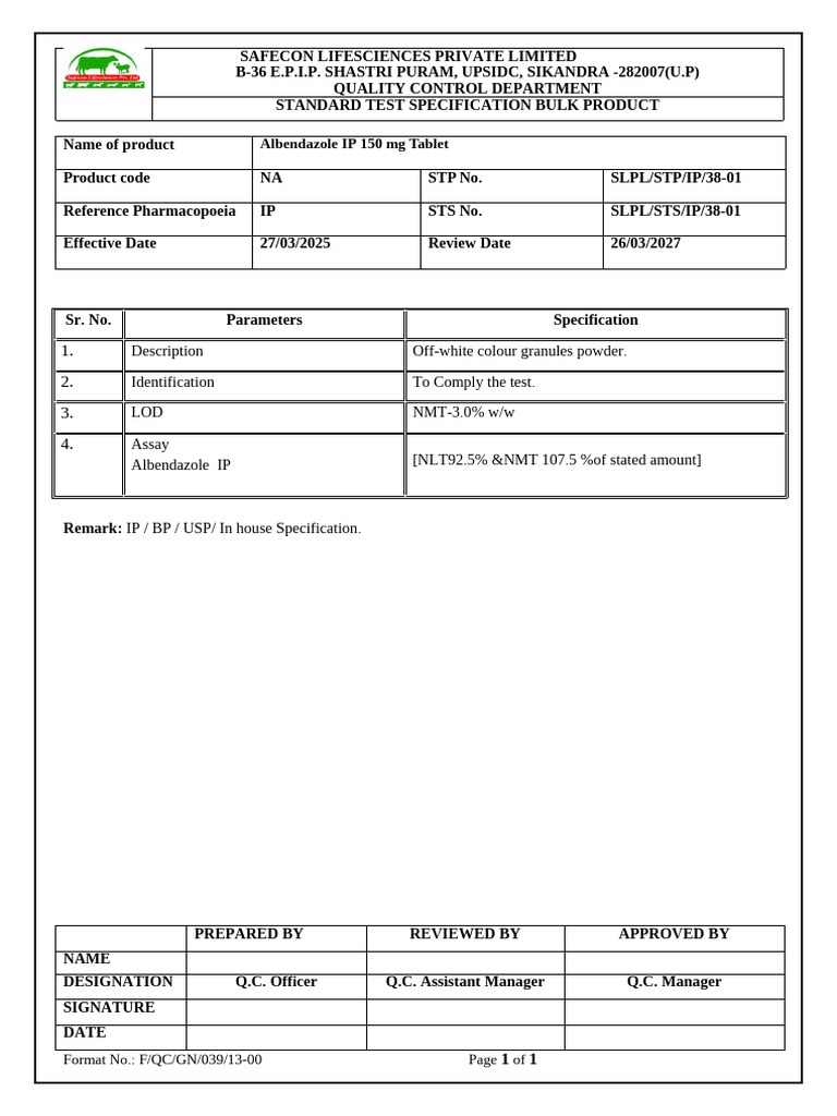 Albendazole 150 Mg Tablet SPEC | PDF