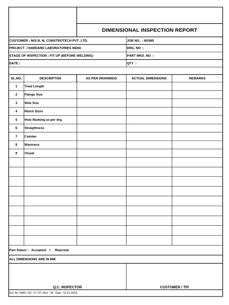 Dimensional Inspection Report for Welding | PDF