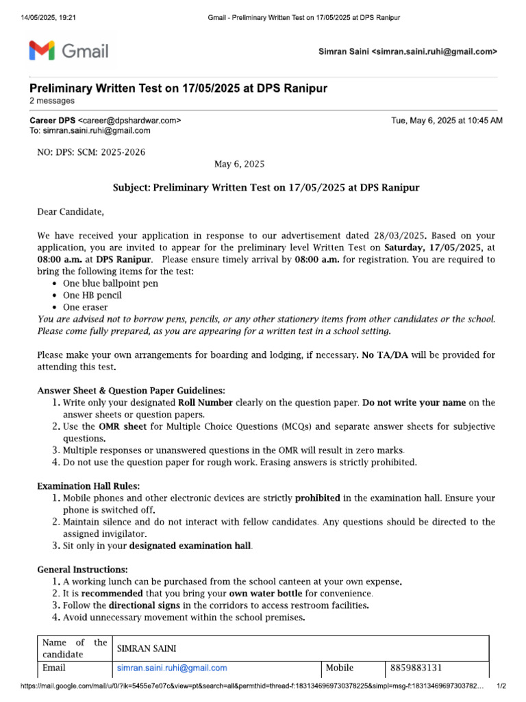 Simran Dps Exam Form | PDF