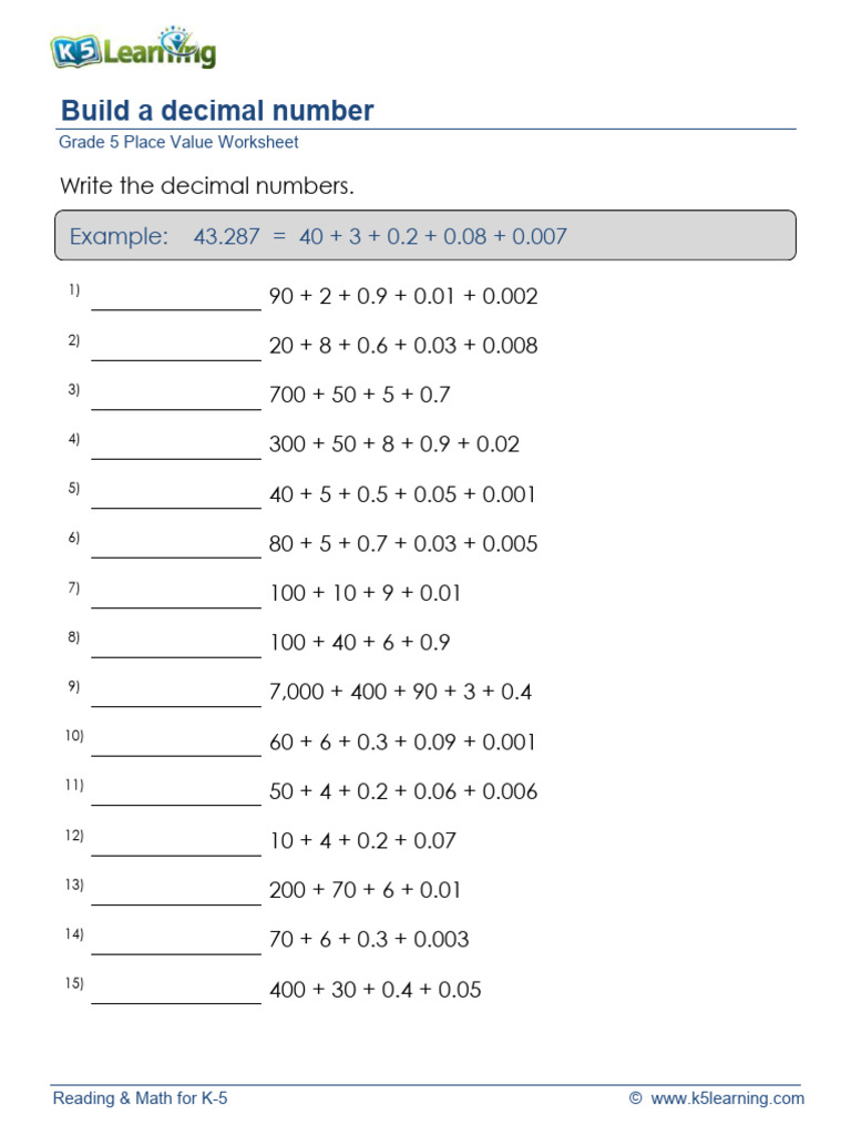 Grade 5 Decimal Place Value Worksheet | PDF