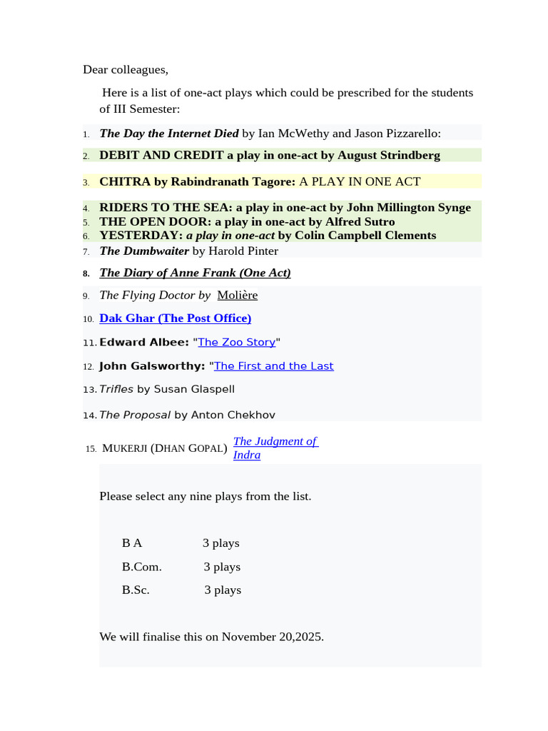 One-Act Plays for III Semester Students | PDF