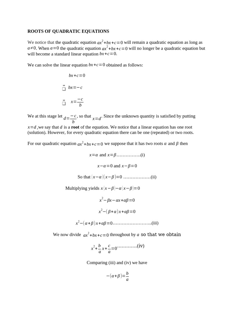 Roots of Quadratic Equations | PDF | Equations | Quadratic Equation