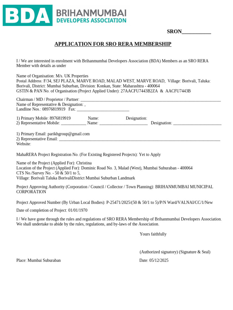 SRO RERA Membership Application Form | PDF
