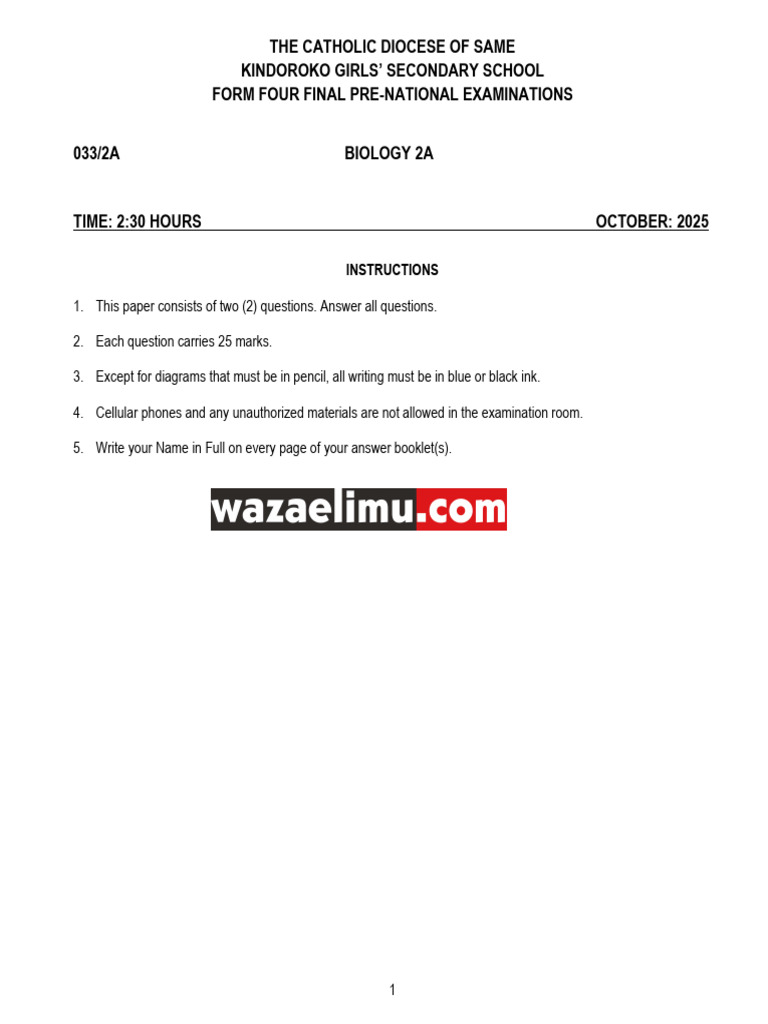 F4 Bio 2a Final Pre Nat 2025 | PDF | Biology