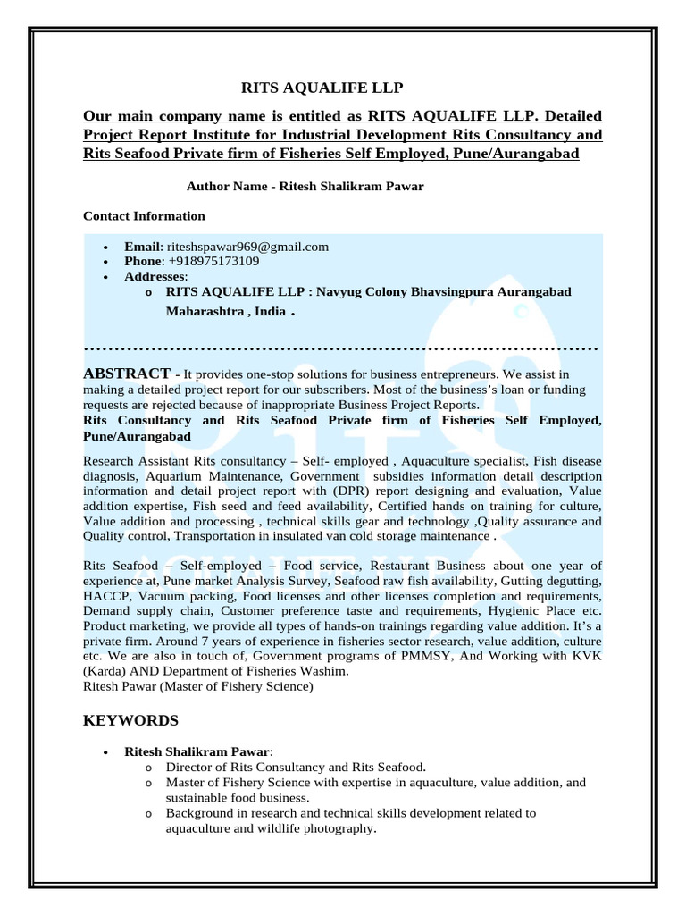 Rits Aqualife: Fisheries Project Reports | PDF | Entrepreneurship ...