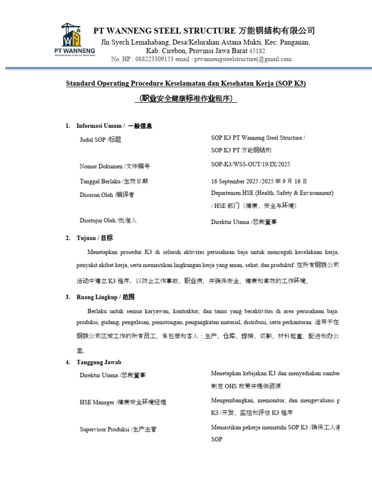 SOP - K3 - PT Wanneng Steel Structure (职业安全健康标准作业程序) | PDF