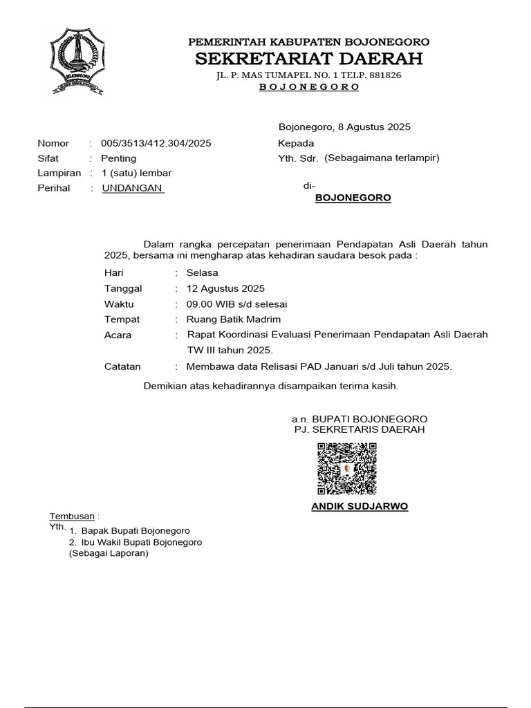 330 Undangan Rapat Koordinasi Evaluasi Penerimaan Pendapatan Asli Daerah | PDF