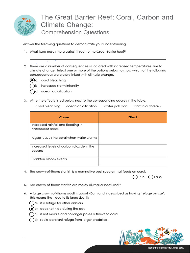 Great Barrier Reef Climate Change Quiz | PDF | Coral Reef | Coral