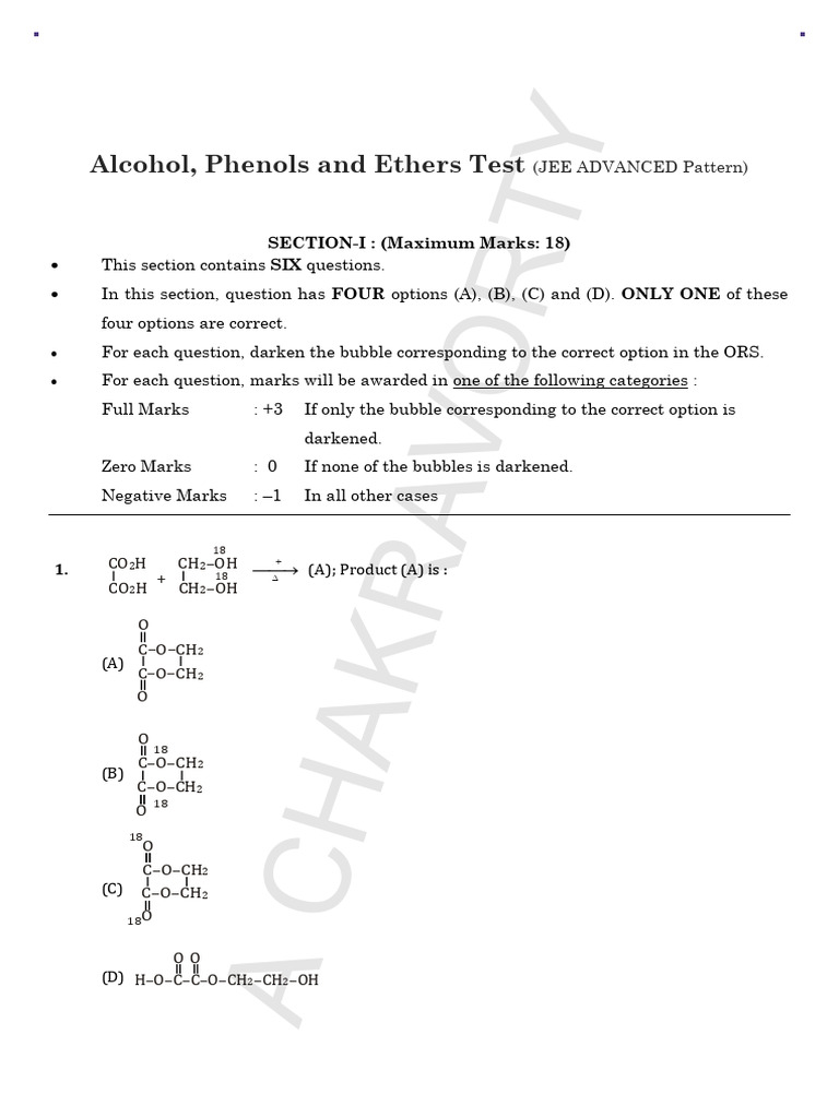 Alcohols, Phenols & Ethers JEE Test Guide | PDF | Organic Chemistry ...