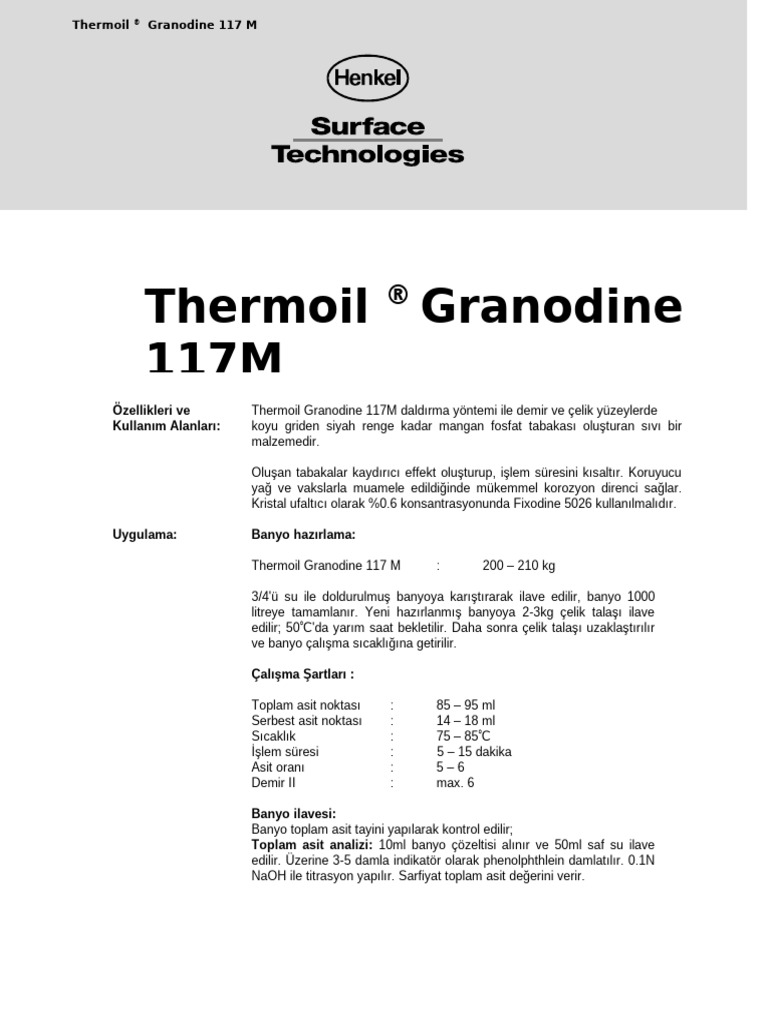 Thermoil Granodine 117M: Özellikleri Ve Kullanım Alanları | PDF