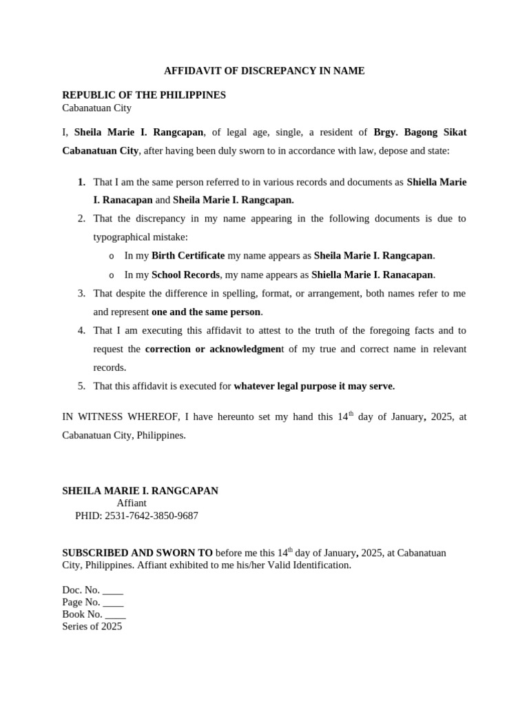 Affidavit of Discrepancy in Name | PDF