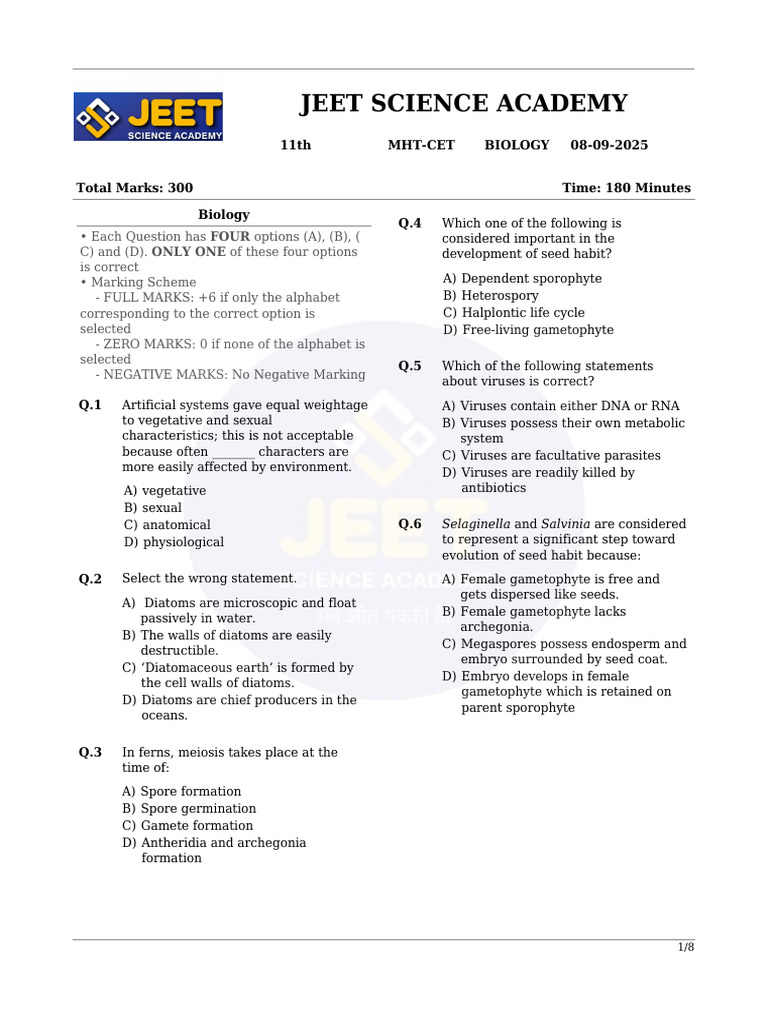 11th CET BIO Question-Paper | PDF | Virus | Pathogen