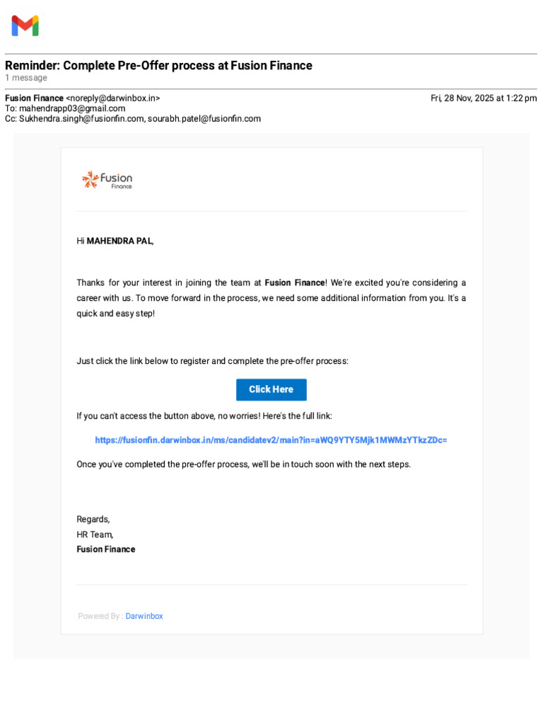 Gmail - Reminder - Complete Pre-Offer Process at Fusion Finance | PDF