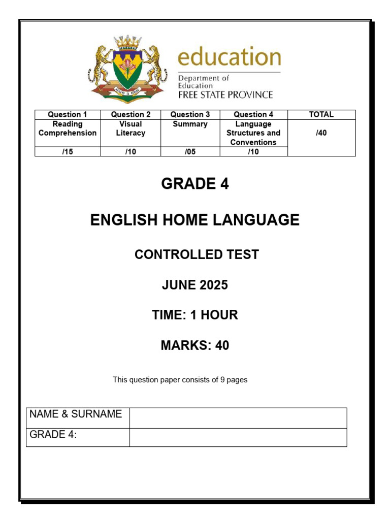 English Home Language_grade 4_ Term 2 2025 Question Paper# | PDF ...