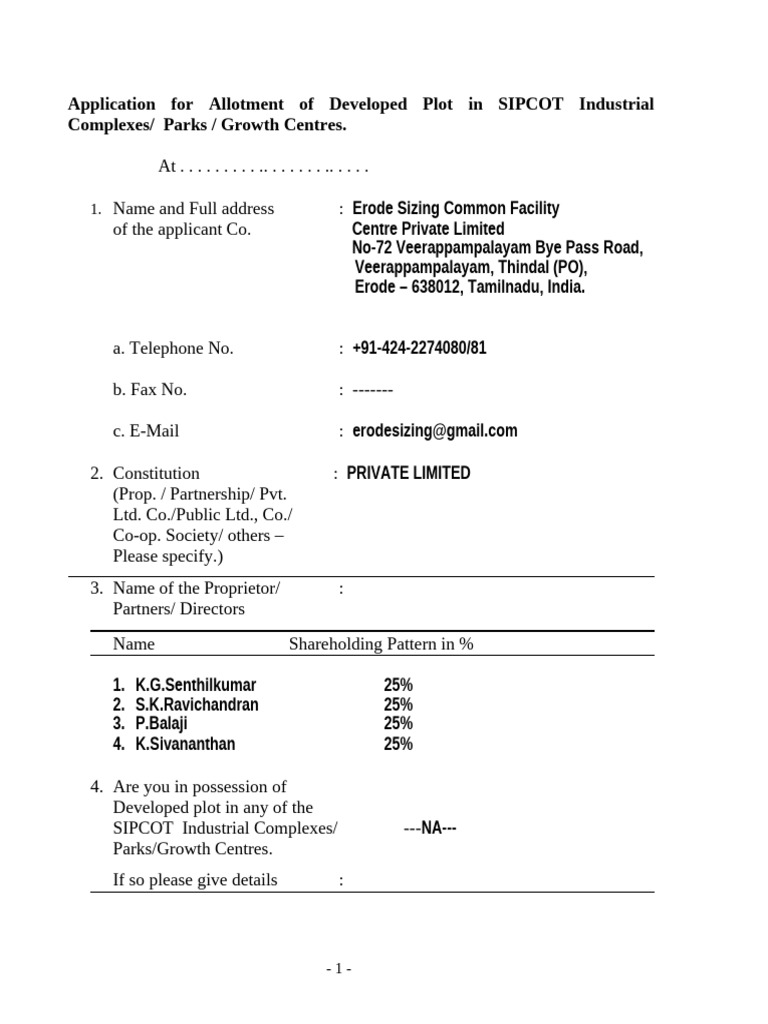 SIPCOT Industrial Plot Application Form | PDF
