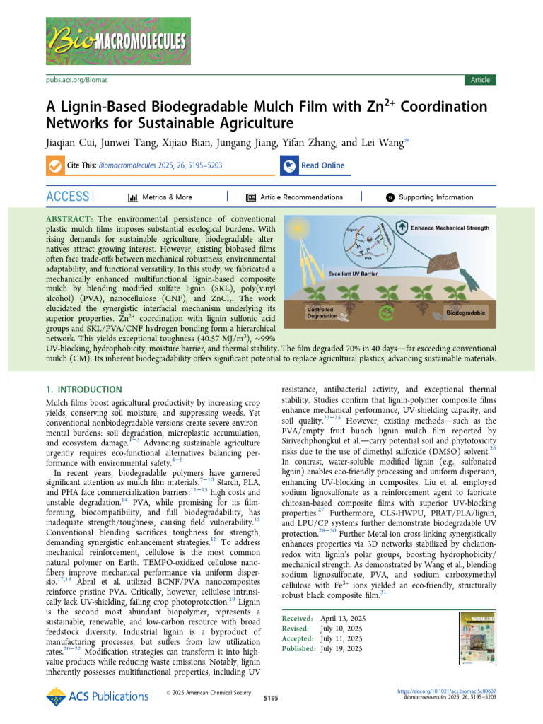 A Lignin Based Biodegradable Mulch Film With Zn2 Coordination Networks ...