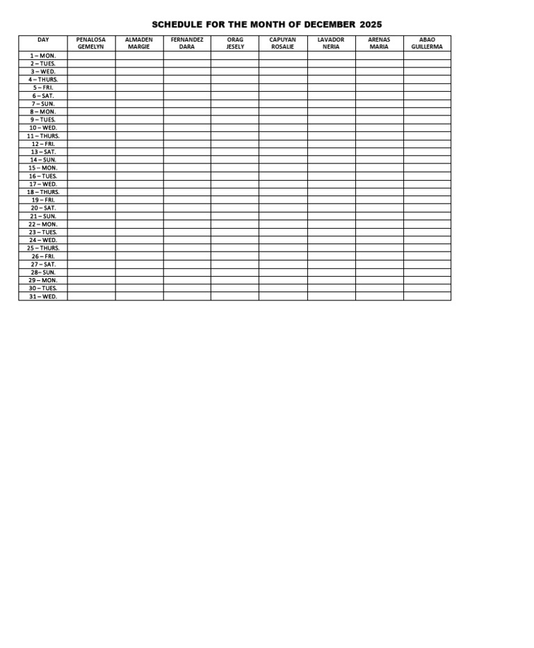 December 2025 Schedule Overview | PDF