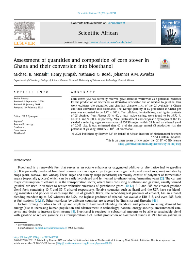 Assessment of Quantities and Composition of Corn Stover in Ghana and ...