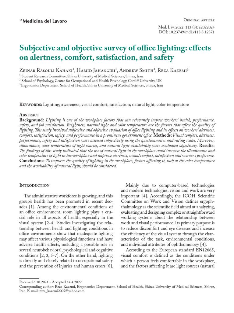 Subjective and Objective Survey of Office Lighting Effects On Alertness ...