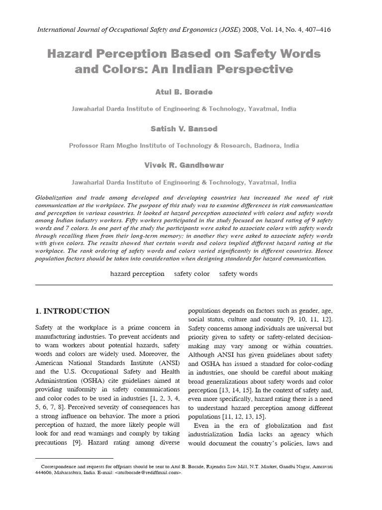 Hazard Perception Based on Safety Words and Colors an Indian ...