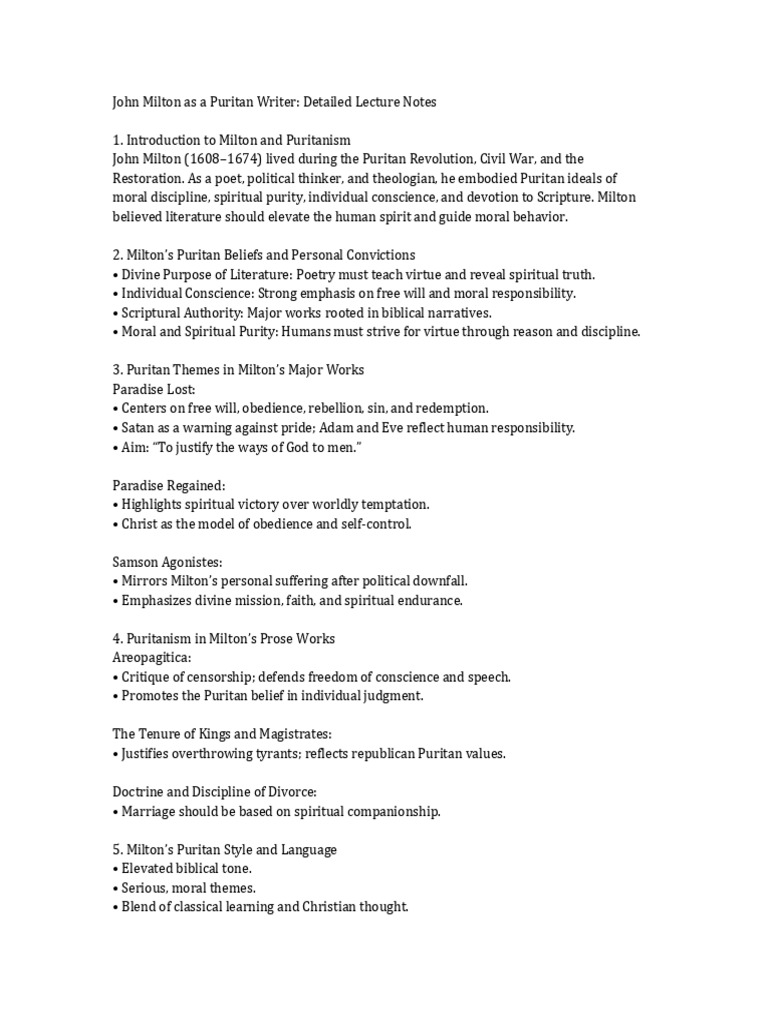 John Milton Puritan Writer Notes | PDF
