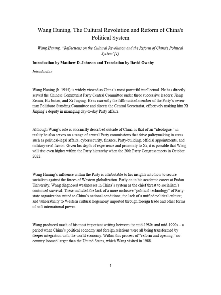 Wang Huning - The Cultural Revolution and Reform of China's Political ...